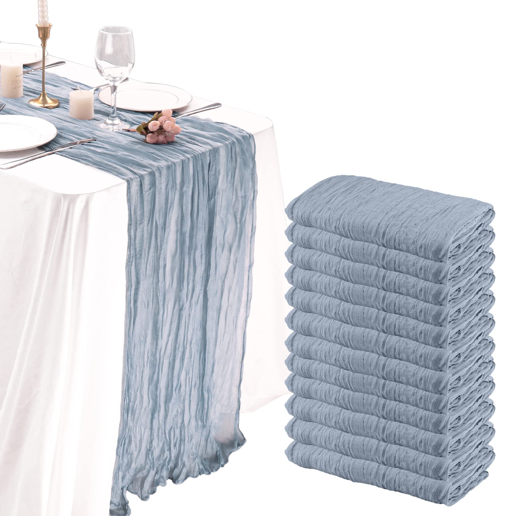 12 Pcs Cheesecloth Table Runner 13FT Boho Rustic Gauze Table Runner Bulk 35x157Inch Romantic Cheese Cloth Sheer Table Runner Decor for Wedding Dining Holiday Event Birthday Anniversary(Dusty Blue)