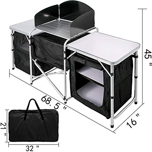 101010 Camping Kitchen Table with Windscreen and 3 Storage Organizer, Portable Aluminum Cook Station Lightweight Easy to Set-up, Outdoor Folding Table for Camping, BBQ and Party
