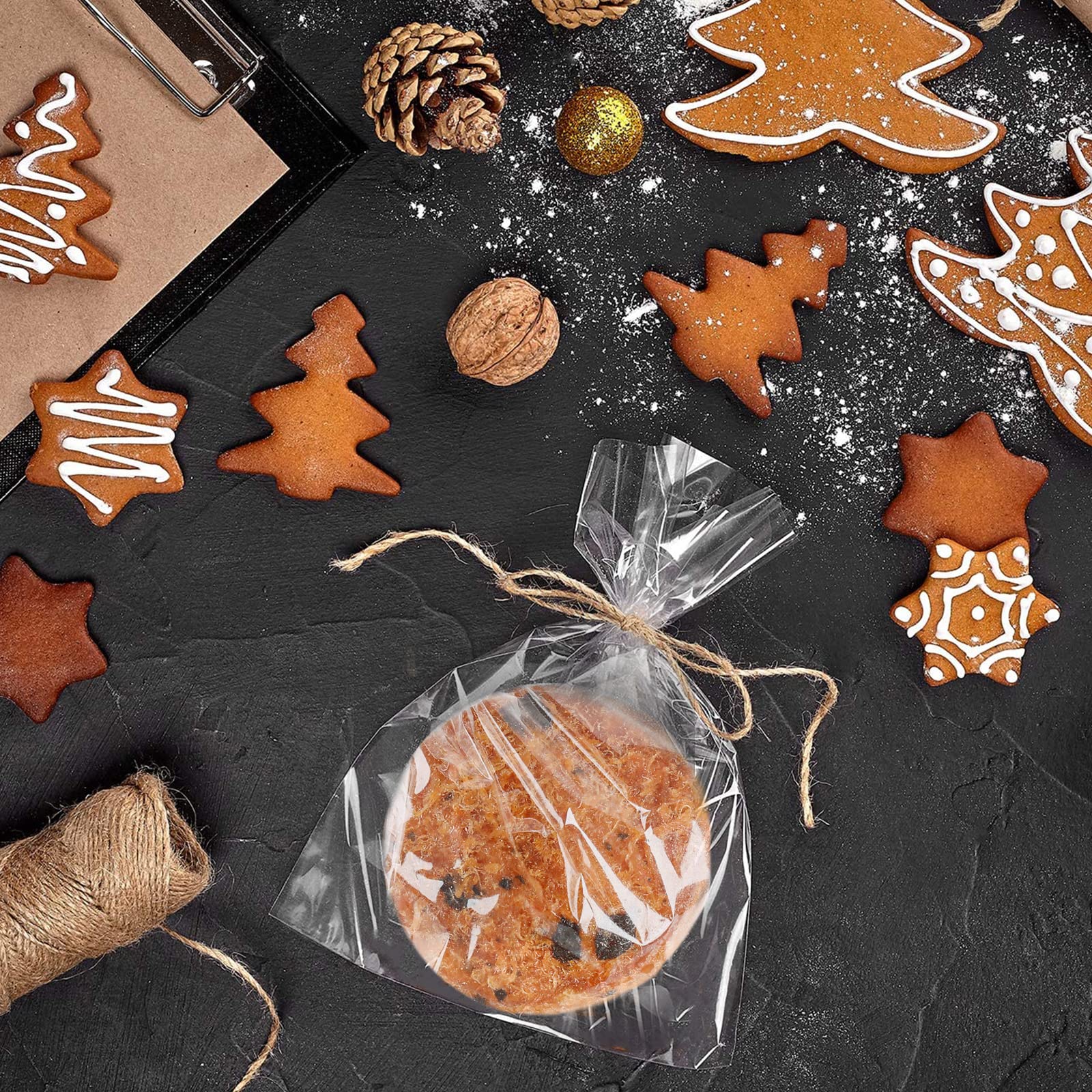 100 Pcs 7 in x 5 in(1.4mil.) Clear Flat Cello Cellophane Treat Bags Good for Bakery, Cookies, Candies,Dessert with random color Twist Ties!