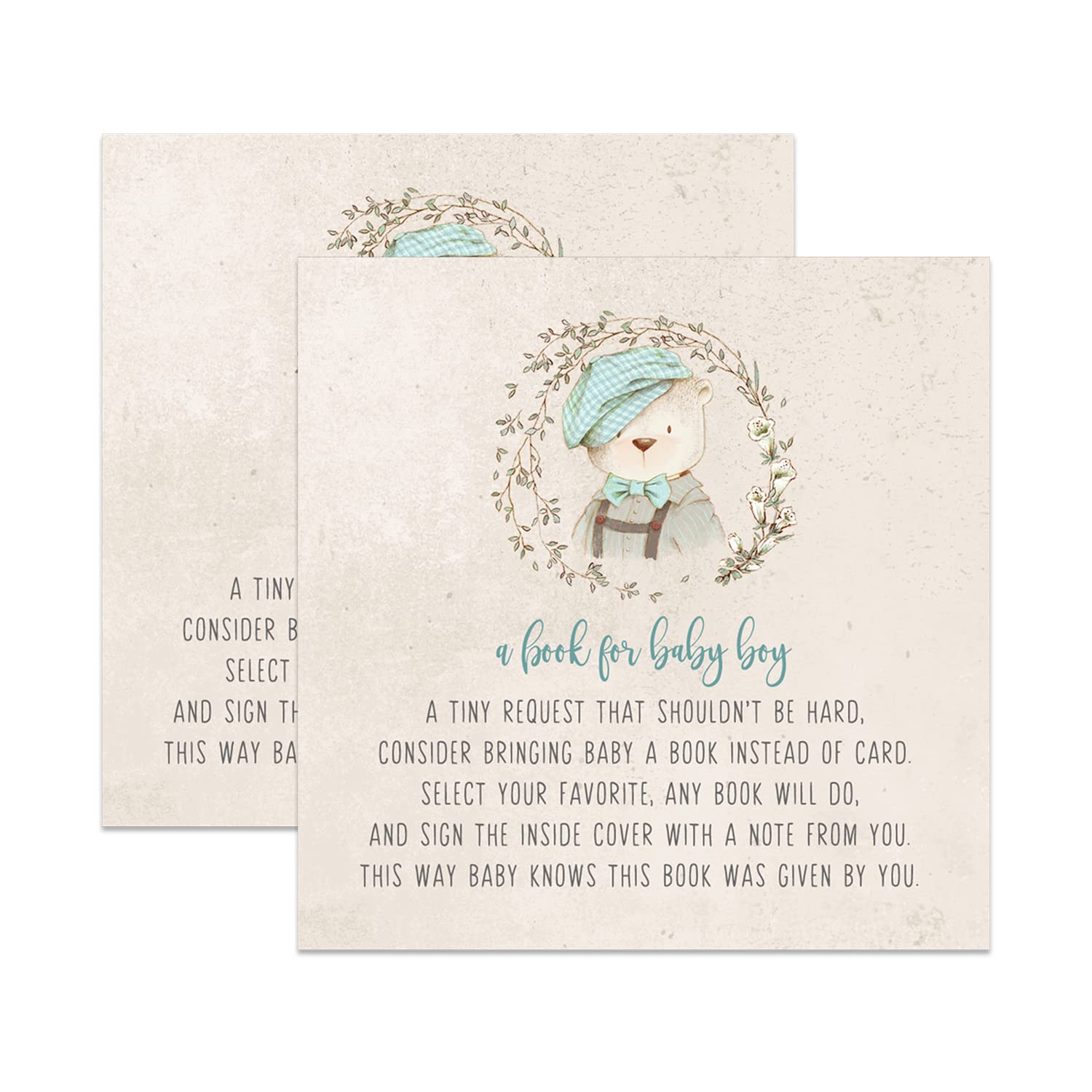 Paper Clever Party Teddy Bear Bring a Book Cards for Baby Shower (25 Pack) Boys Invitation Insert for Bow Tie Parties – Rustic Greenery Theme Blue – 4x4 Printed Card Set