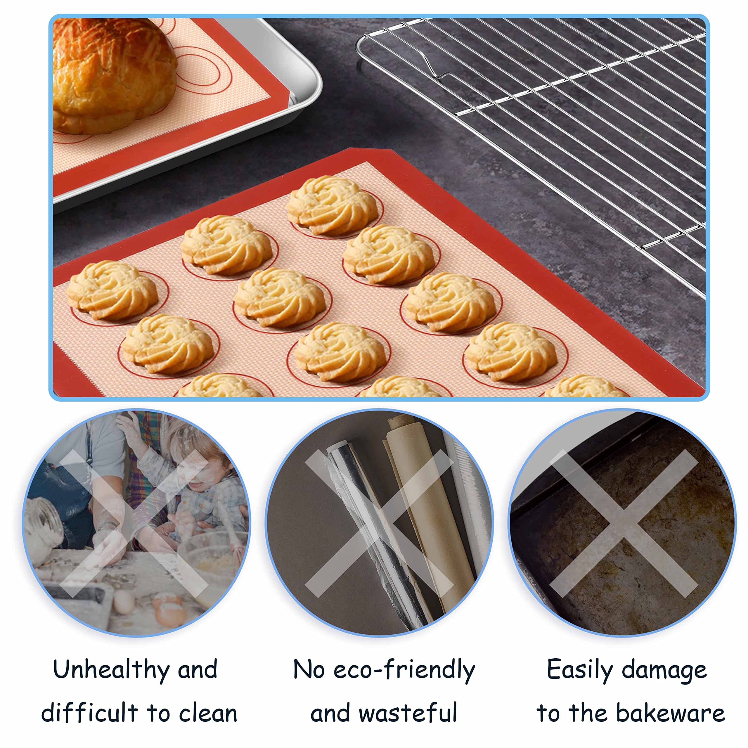 16 Inch Baking Sheet with Rack & Mat Set(2 Jelly Roll Pans + 2 Racks + 2 Mats), Herogo Stainless Steel Cookie Tray with Cooling Rack & Silicone Mat for Toaster Oven, Heavy Duty & Dishwasher Safe