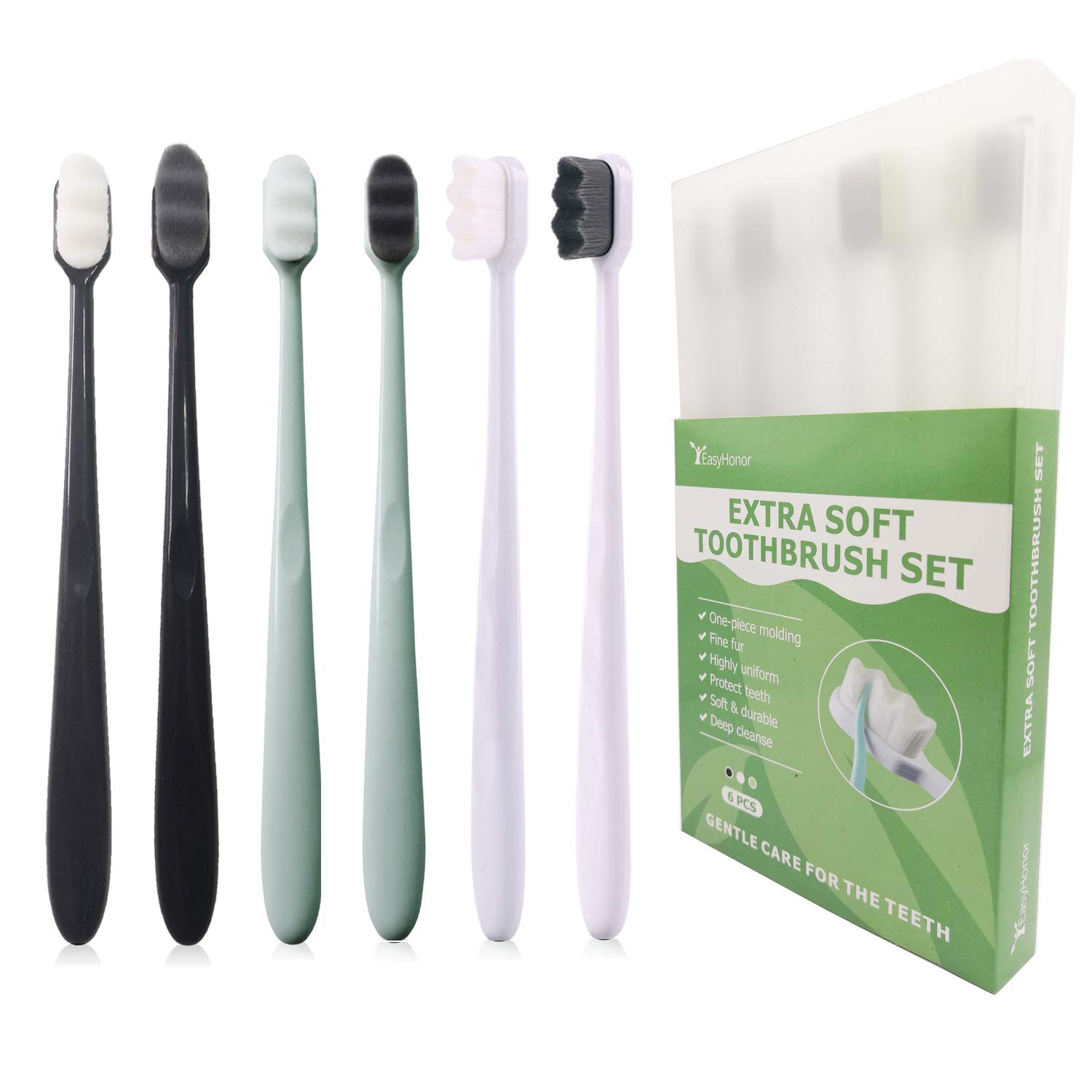 EasyHonor Extra Soft Toothbrush for Sensitive Gums, Micro Fur Manual Toothbrush with 20000 Soft Floss Bristle for Pregnant Women, Elderly, Braces and Gum Recessions, Protect Fragile Gums (6pcs)