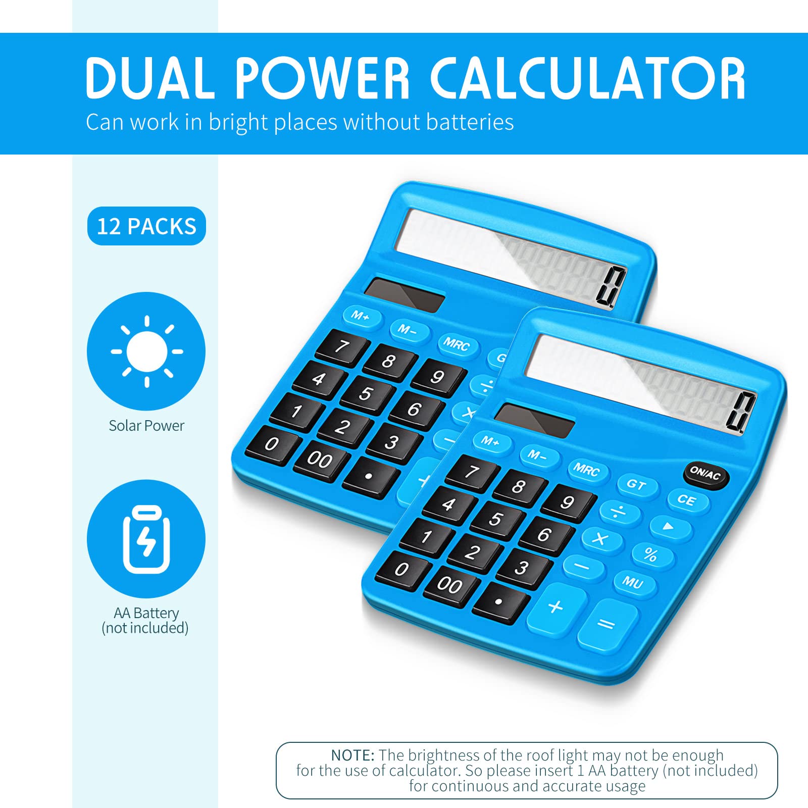 12 Pieces 12 Digit Desktop Calculator with Large LCD Display and Sensitive Button Office Desk Calculator Solar and Battery Dual Power Handheld Business Calculator for Office Home School, Dark Blue