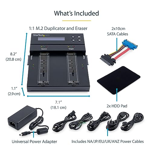 StarTech.com Standalone Dual Bay M.2 SATA/NVMe Duplicator/Eraser, HDD/SSD Cloner/Wiper for M.2 PCIe AHCI/NVMe, M.2 SATA, 2.5/3.5in Drives, Hard Drive Sanitizer/Copier, TAA (SM2DUPE11),Black