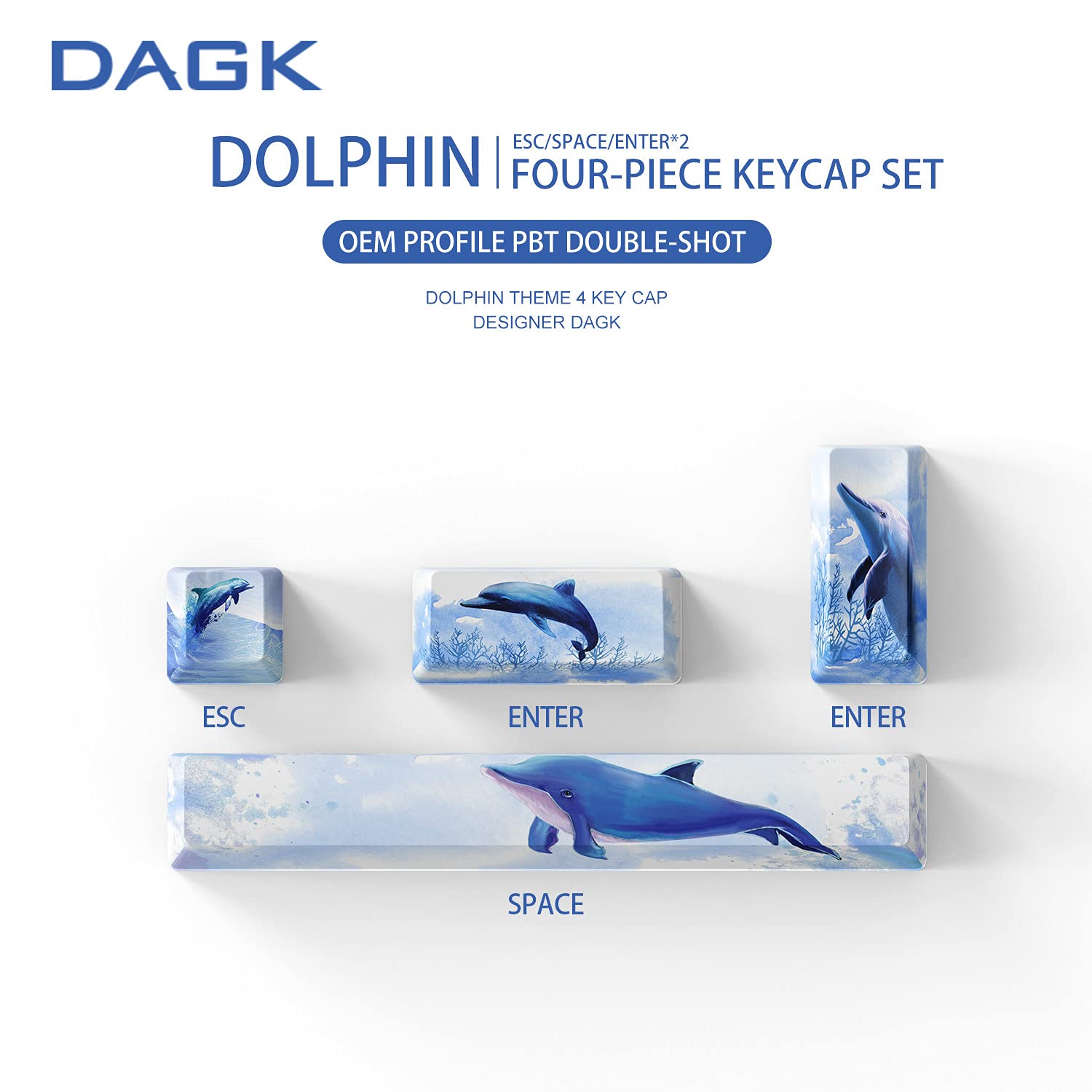 DAGK 4 Keycap Set, Dye-subbed PBT Keycaps, OEM Keycaps, Spacebar Keycap, Esc Keycap Enter Keycaps for DIY Cherry MX Gaming Mechanical Keyboard (Dolphin)