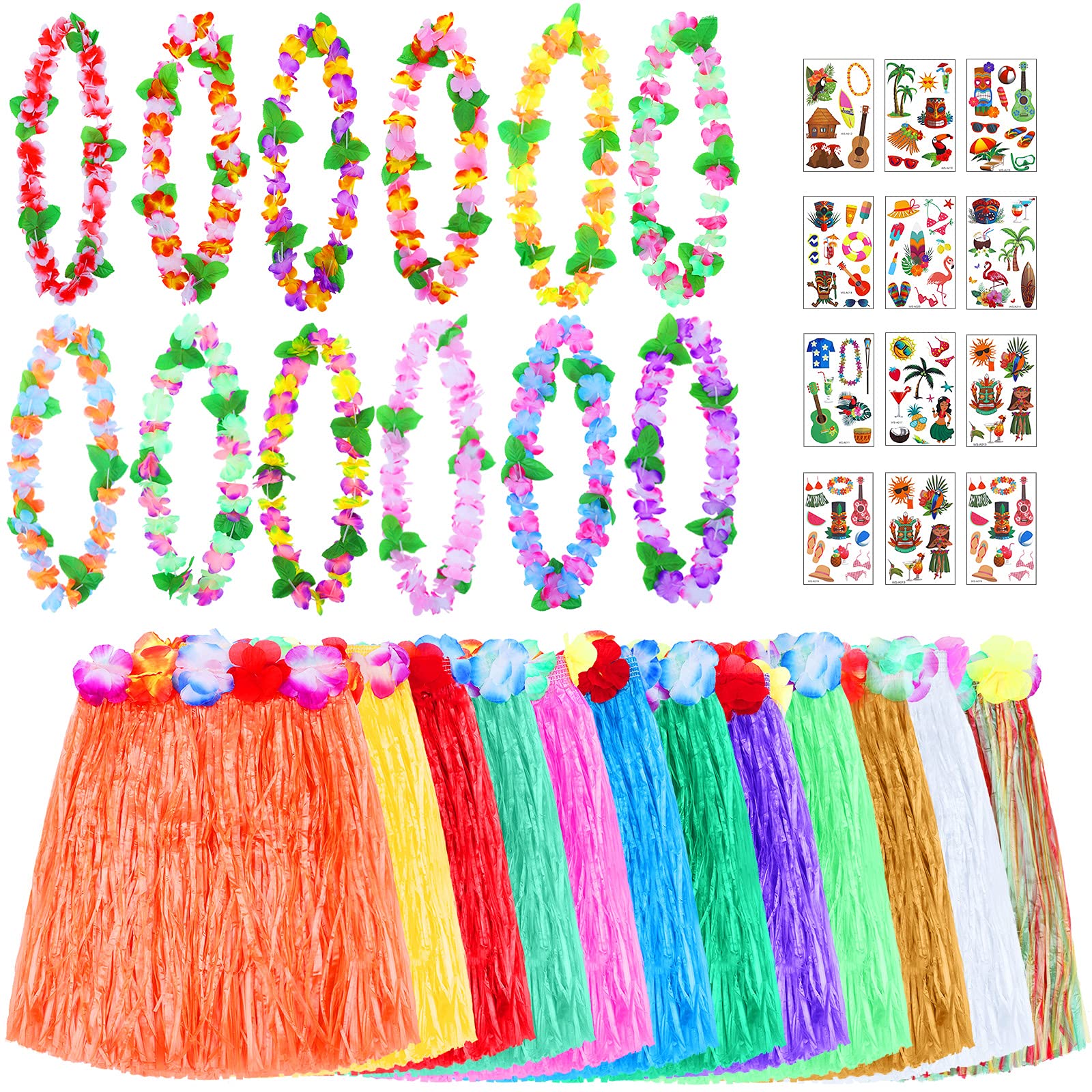 Elcoho 36 Pack Hawaiian Party Decorations Set Including 12 Pack Hawaiian Grass Skirt 12 Pack Luau Leis Necklaces and 12 Pack Hawaiian Temporary Tattoos for Luau Party Supplies