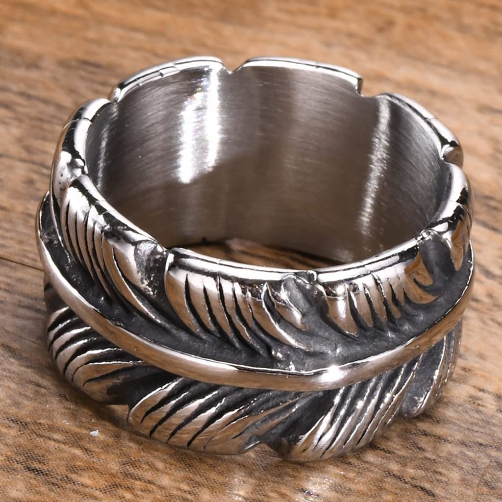 11mm Stainless Steel Retro Vintage Leaf Feather Style Wedding Band Statement Cocktail Parrty Statement Ring (Silver, 8)