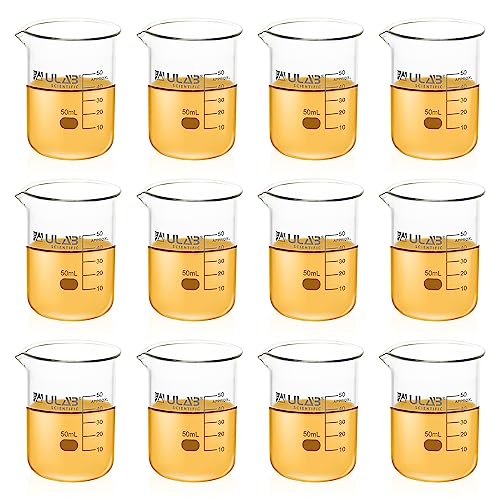 ULAB Scientific Glass Beakers Shot Glass, Vol. 50ml, 3.3 Borosilicate Griffin Low Form with Printed Graduation, Pack of 12, UBG1013