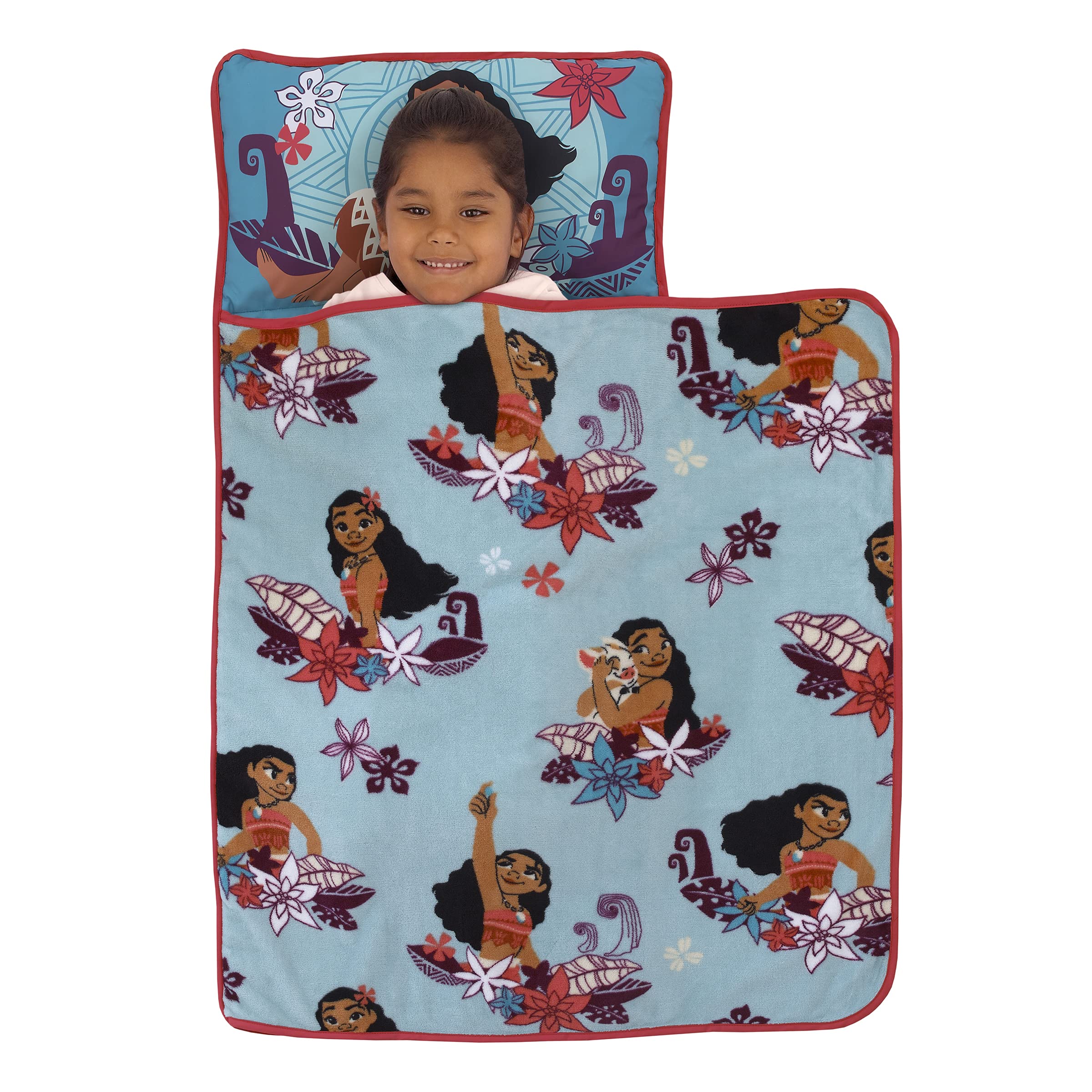 Disney Moana Feel The Waves Aqua, Coral and Violet with Pua Pig and Tropical Flowers Toddler Nap Mat