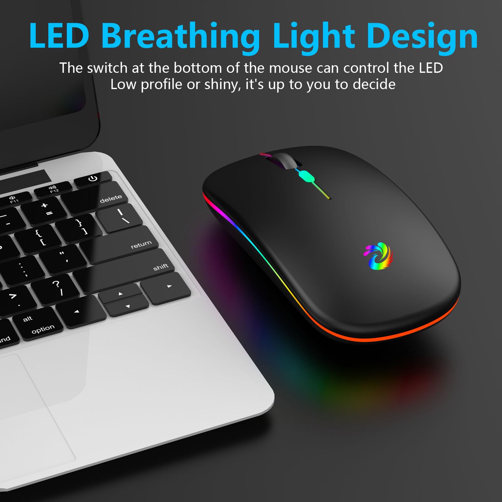 aMZCaSE LED Wireless Mouse, Rechargeable Slim Silent Mice 2.4G Portable Office Optical Mouse with USB Receiver and Type-C Adapter, 3 Adjustable DPI for Laptop, Computer, PC, Notebook, Desktop (Black)