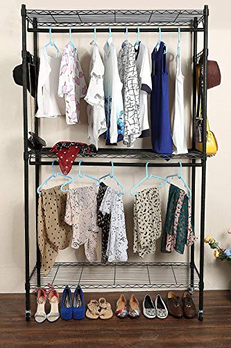 BATHWA Free Standing Closet Wire Shelving Clothing Rolling Rack Heavy Duty Garment Rack with Wheels and Side Hooks
