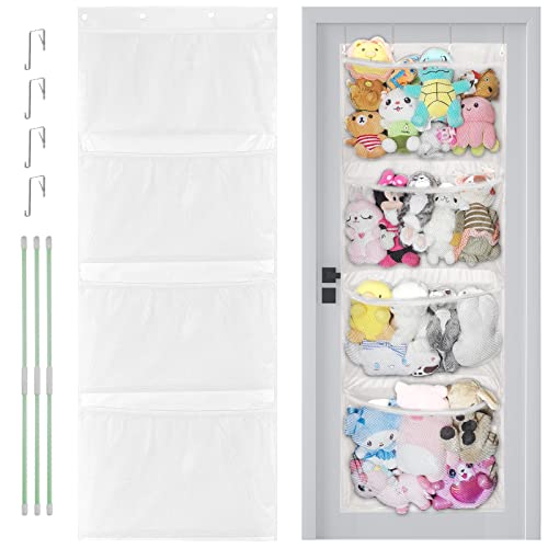Adgoaler Stuffed Animal Storage, Over Door Stuff Animals Organizer with 4 Large Pockets for Kids Plush Stuffies, Hanging Toy Plush Storage for Nursery, Bedroom, Easy Installation (White)