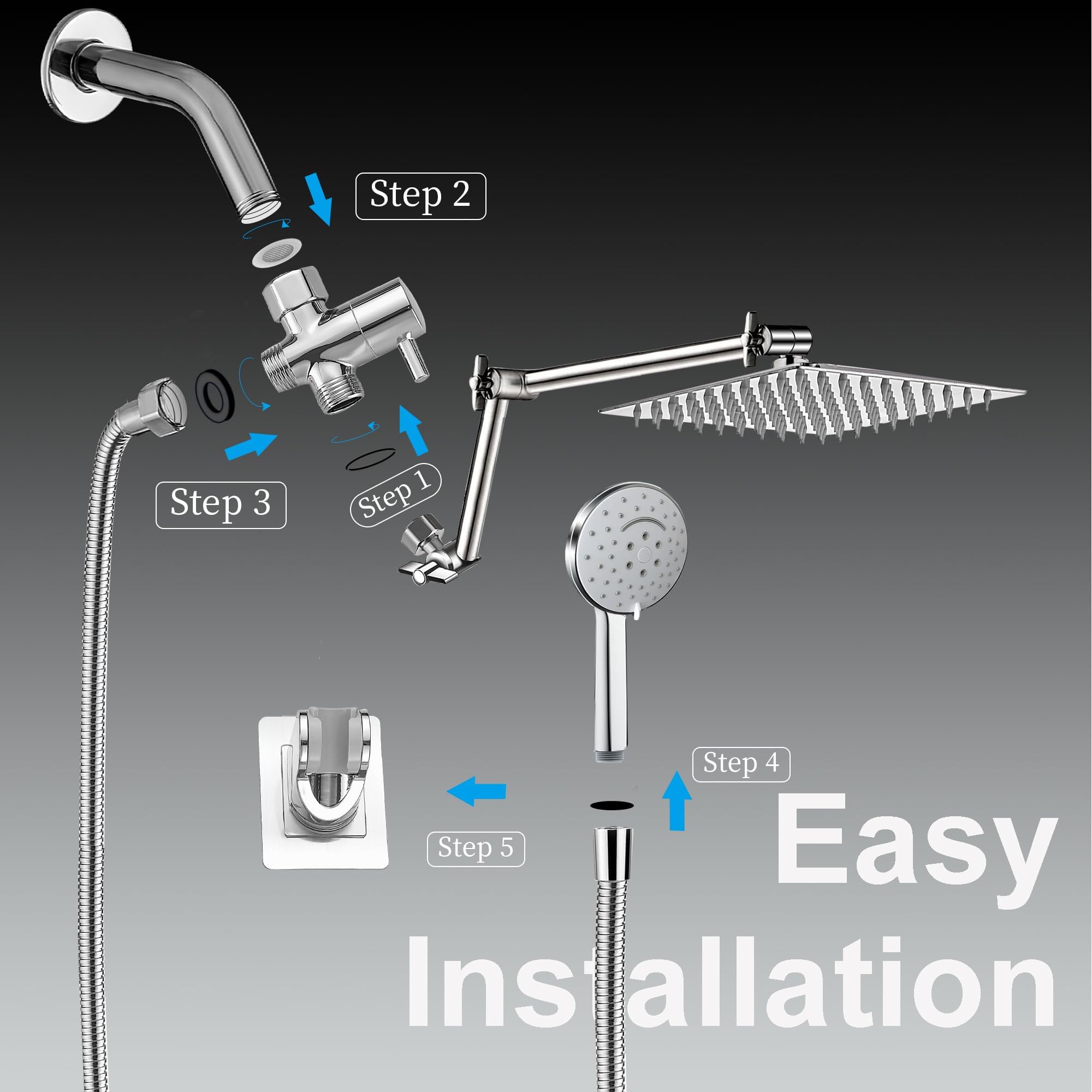 12 Inch Rainfall Shower Head with Handheld Combo, THE FIRST WATERFALL handheld mode Rain Shower Head, Fullbody Showerhead with 15 Inch Adjustable Extension Arm, 6 Setting Spray Modes， Stainless Steel