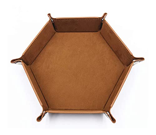 2 Pack Folding Hexagon Tray - Metal Dice Rolling Tray for RPG, DND and Other Table Games, Holder Storage Box (Brown)