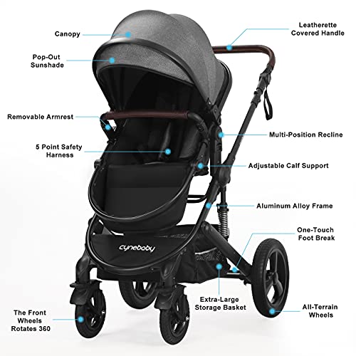 Newborn Infant Toddler Baby Stroller - Strollers with Backrest Adjustable Reversible, 2 in 1 High Landscape Convertible Bassinet Foldable Aluminum Alloy 3D Shock Absorption All Terrain Pram Dark Gray