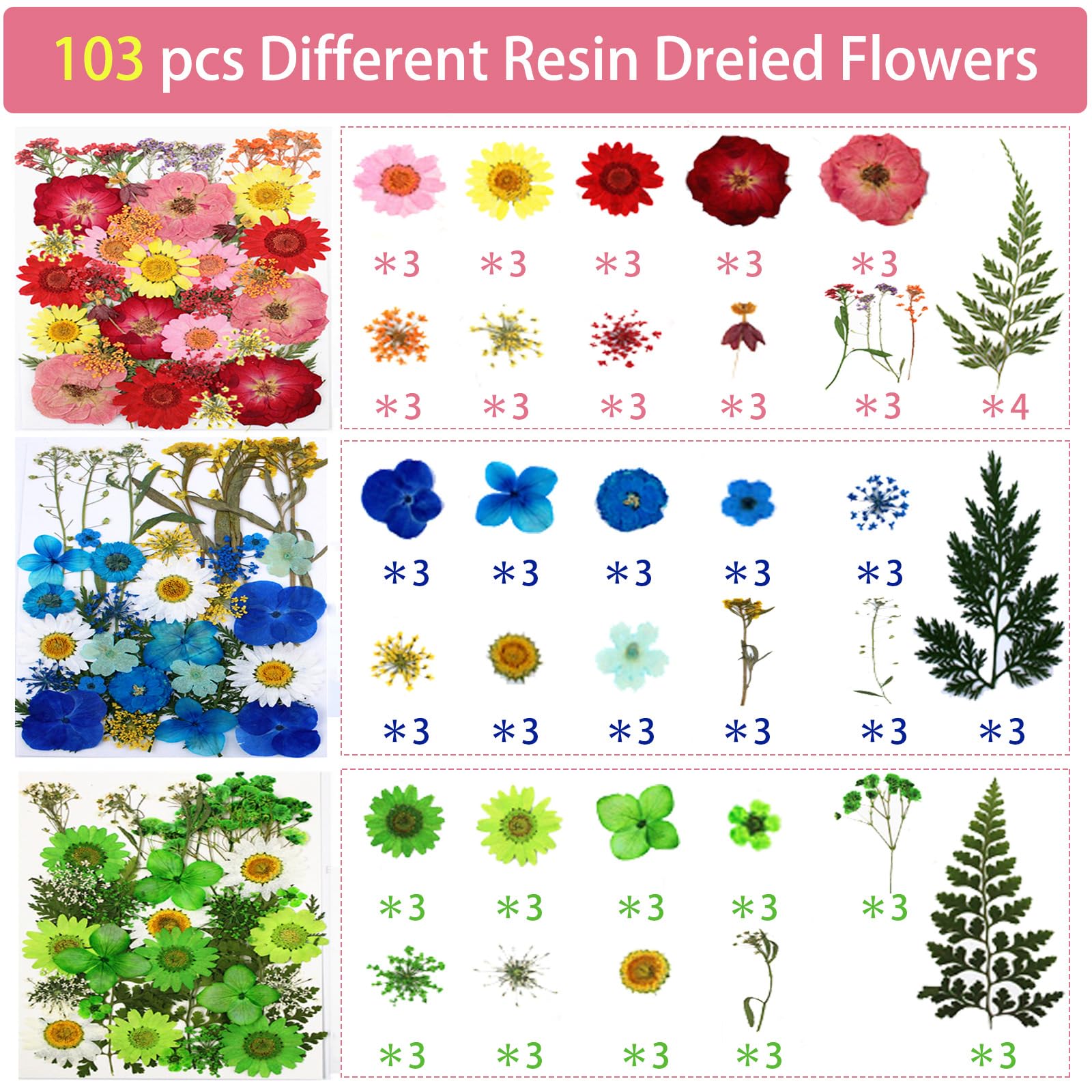 103Pcs Dried Pressed Flowers – 3 Pack Natural Dried Flower Herbs Kit for Scrapbooking, Resin Jewelry, Card Making, Soap and Candle Making
