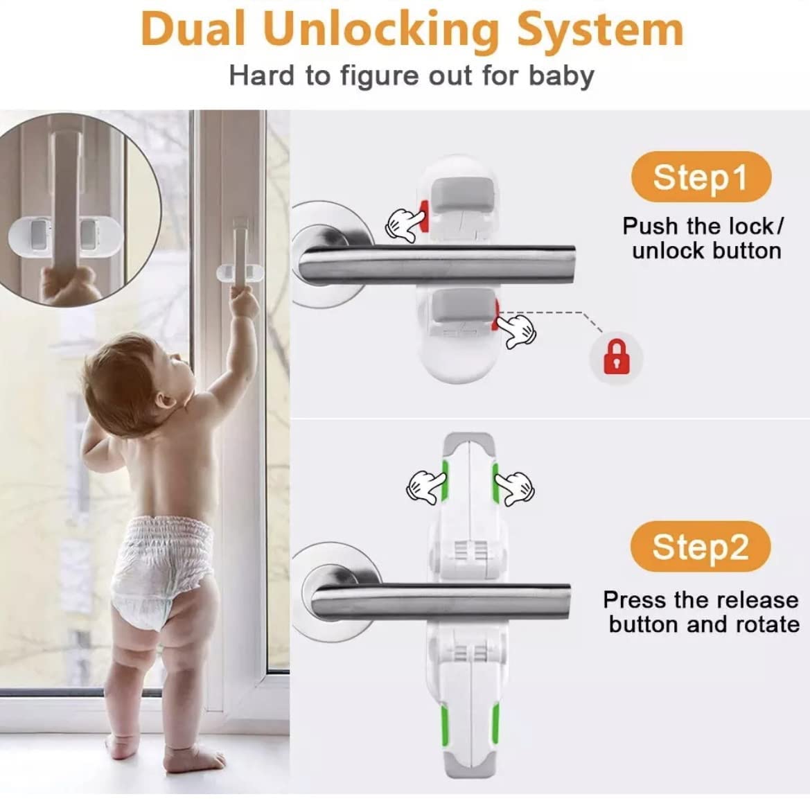 4 Pack, New and Improved Childproof Safety Door Lock, Prevents Toddlers from Opening Doors, BPA Free, 3M Adhesive, Easy to Install, No Drilling Needed.