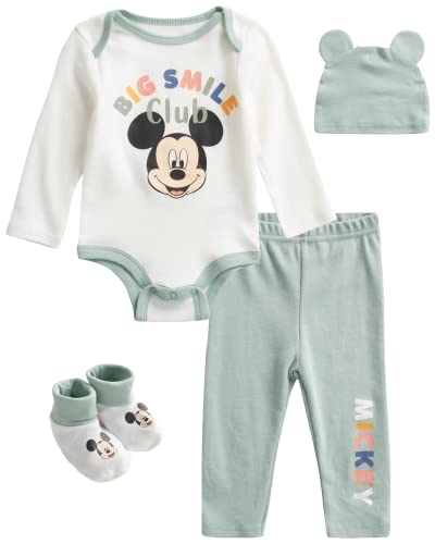 Disney Baby Boys' 3 or 4 Piece Layette Set - Bodysuit, Pants, Hat, Booties - Mickey Mouse, Toy Story, Pooh (0-9M), Size 6-9 Months, Mickey Jade