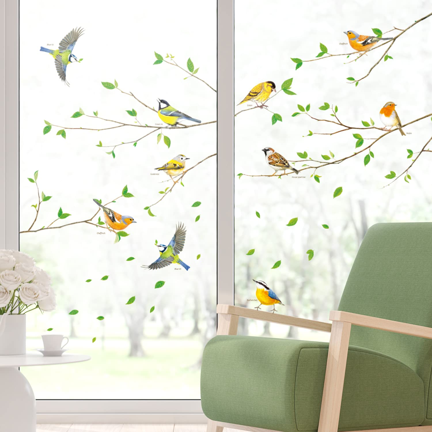 DECOWALL SG-2111 Birds on Tree Branch Wall Decals Flying Bird Green Leaves Stickers Removable for Kids Nursery Bedroom Living Background Room Home Decor Art DIY