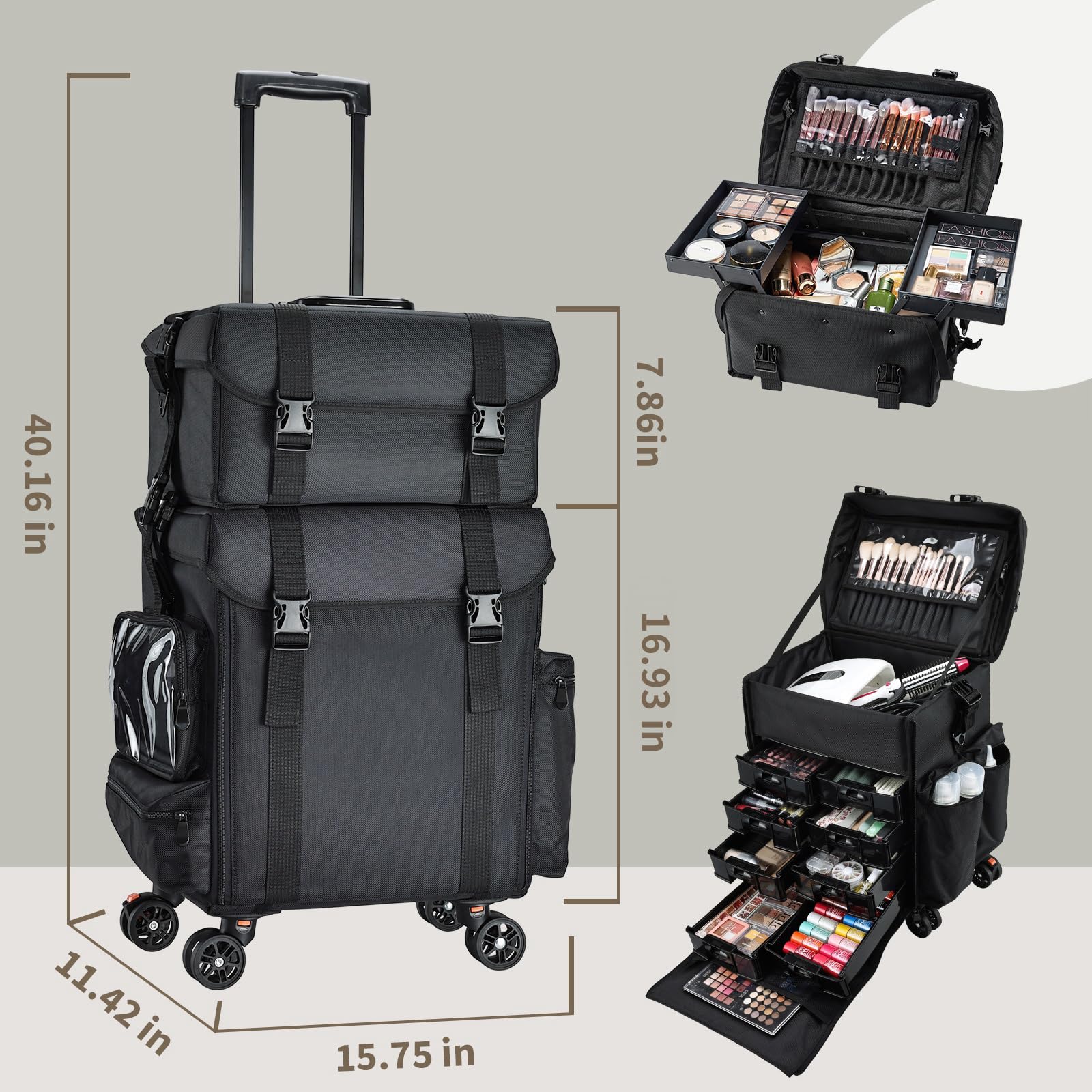 Costravio Professional Makeup Case, 2in1 Travel Makeup Rolling Case Soft Sided Cosmetology Train Case with Wheels Makeup Artist Cosmetic Organize for Make-up, Nail Art, Beauty, Hairstylist, Black
