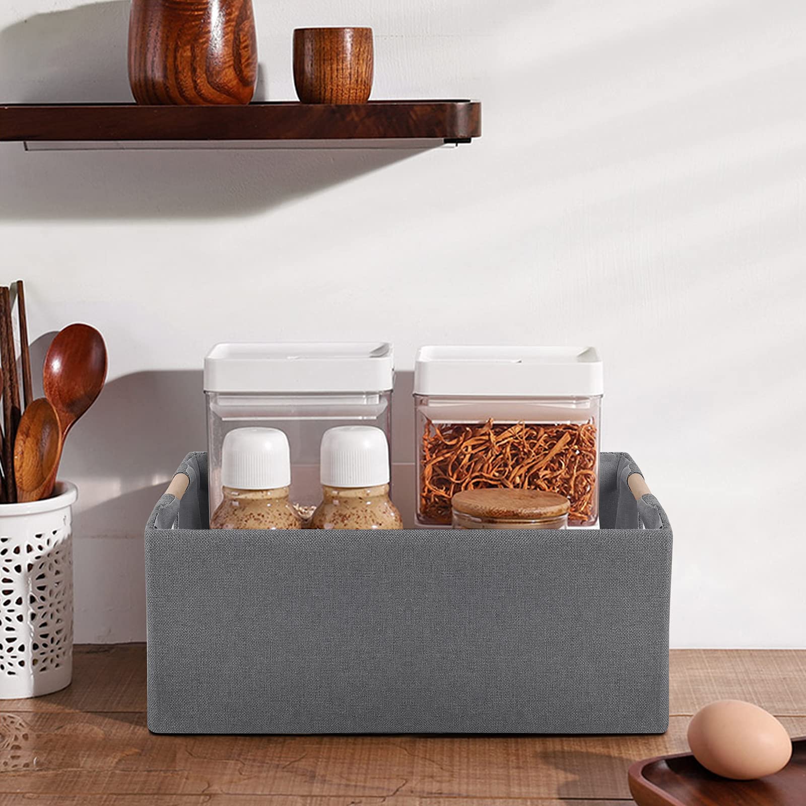 ANMINY 4PCS Storage Baskets for Organizing Collapsible Fabric Storage Bins Boxes with Wood Handles Closet Shelves Cube Organizer Bins Clothes Laundry Storage Container - Large, Gray