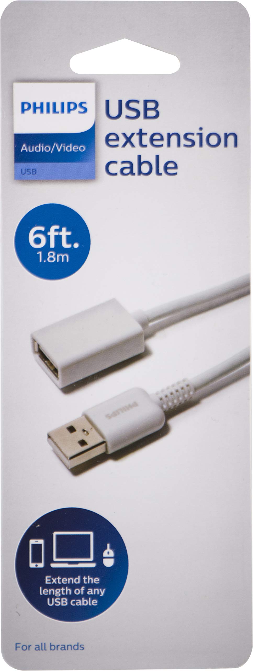 Philips 6ft. (1.8m) USB 2.0 Charging Extension Cable, USB-A Male to USB-A Female Extender, Sleek White Finish, High Speed, Works with Windows 7+ and Mac, Works With Andriod and iOS Devices SWU2801N/27