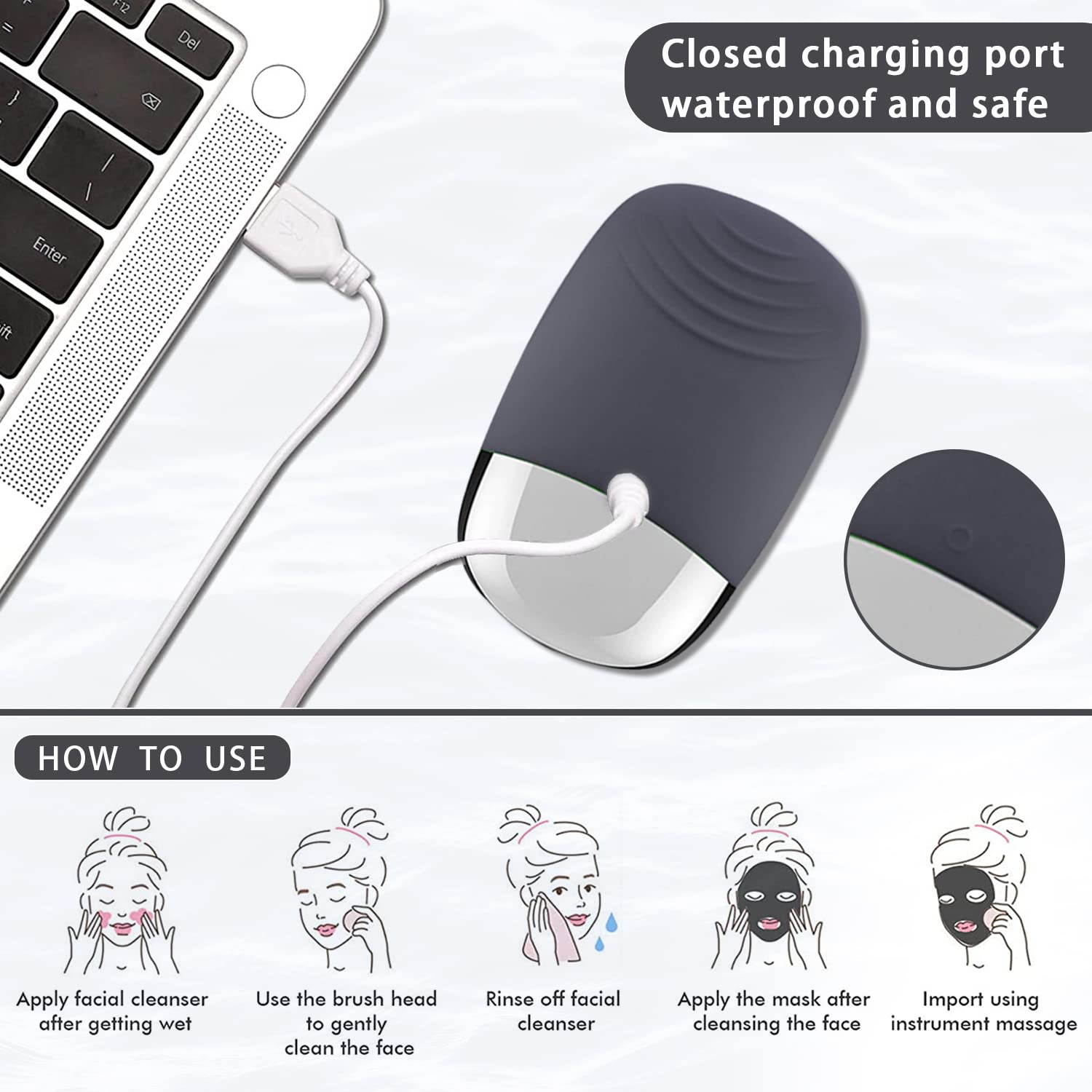 Facial Cleansing Brush, 3-in-1 Electric Silicone Face Scrubber, Vibrating Massager, IPX7 Waterproof, USB Rechargeble Brush for Deep Cleanning, Blackhead Remover, Exfoliating (Gray)