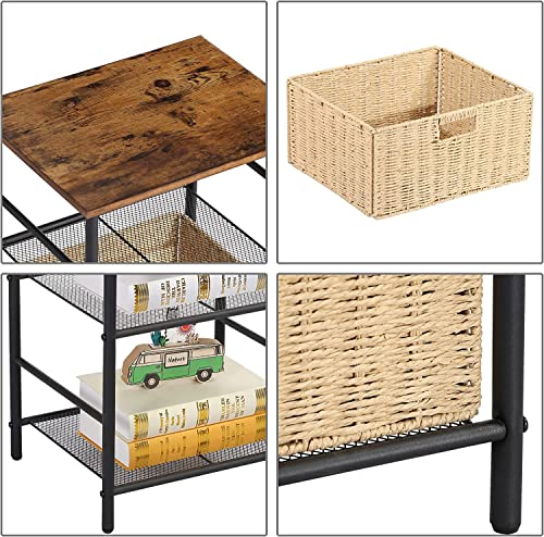 VECELO Tall End/Side Table with 2 Wicker Basket Storage Shelf Telephone Stand for Living Room, Bathroom, Bedroom, Office, Entryway, Easy Assembly, 3-Tier, Brown