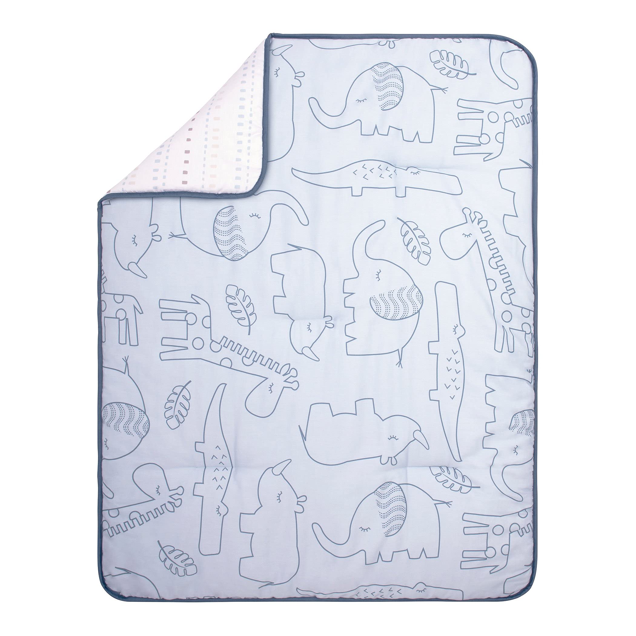 Trend Lab Modern Baby Crib Bedding Set for Boys | Simple Safari 4 Piece Nursery Décor Quilt, 2 Fitted Crib Sheets, and Dust Ruffle Skirt - Blue, 80015