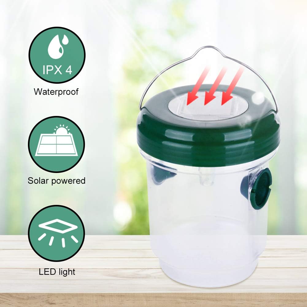 2 Pack Wasp Traps Outdoor Hanging, Carpenter Bee Traps for Outside, Yellow Jacket Trap Solar Powered Wasp Killer with UV LED Light, Bee Catcher Traps, Hornet Traps
