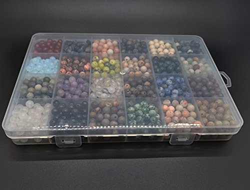 1200pcs 6mm Natural Round Stone Beads Gemstone Beading Loose Gemstone Beads Hole Size 1mm DIY Smooth Beads for Bracelet Necklace Earrings Jewelry Making,Box Packed (24 Material -2,6mm)