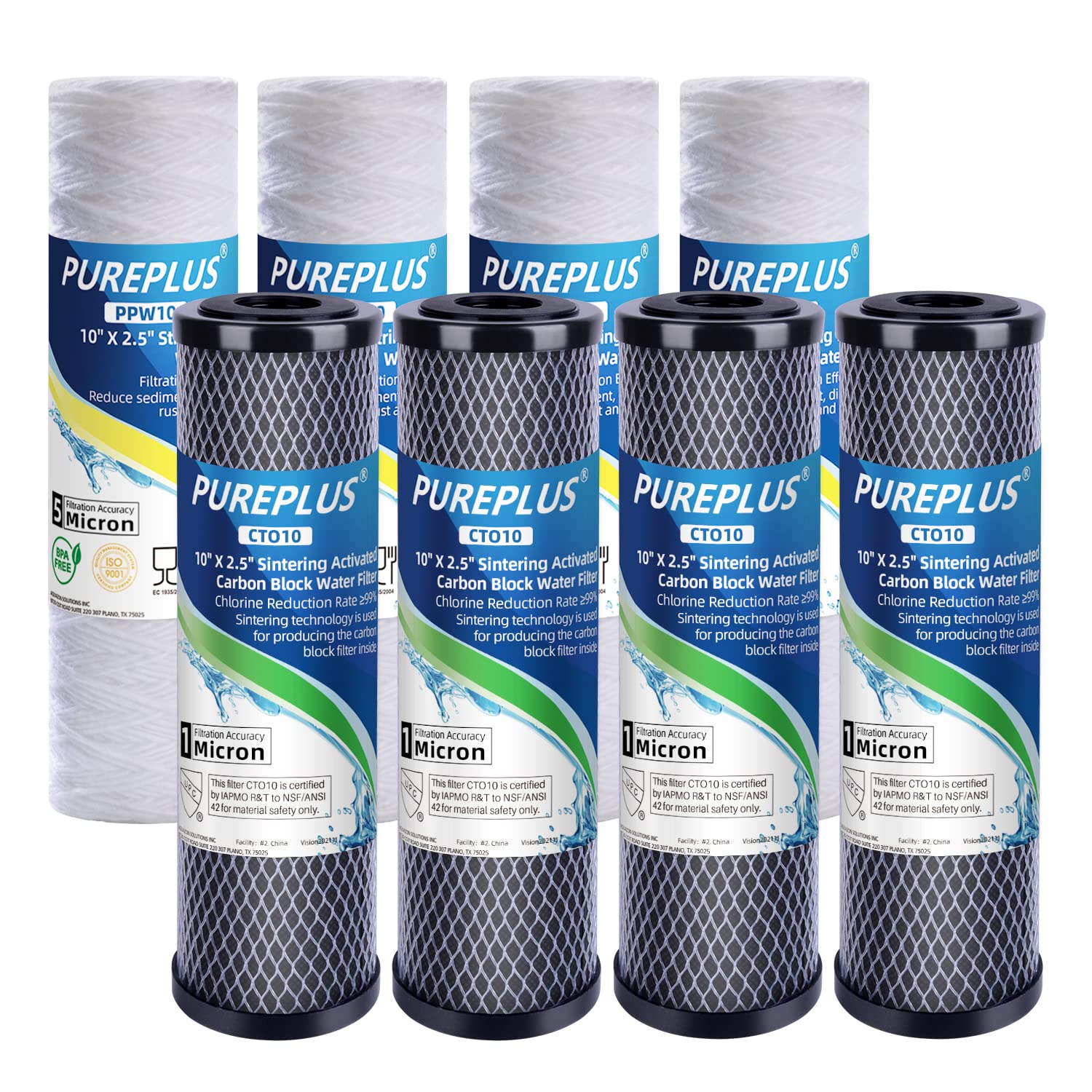 10" x 2.5" Whole House String Wound Sediment & 1 Micron CTO Carbon Water Water Filter Cartridge Replacement for Any 10 inch RO Unit, Countertop Filter System, Culligan P5, Dupont WFPFC8002, 4Combo