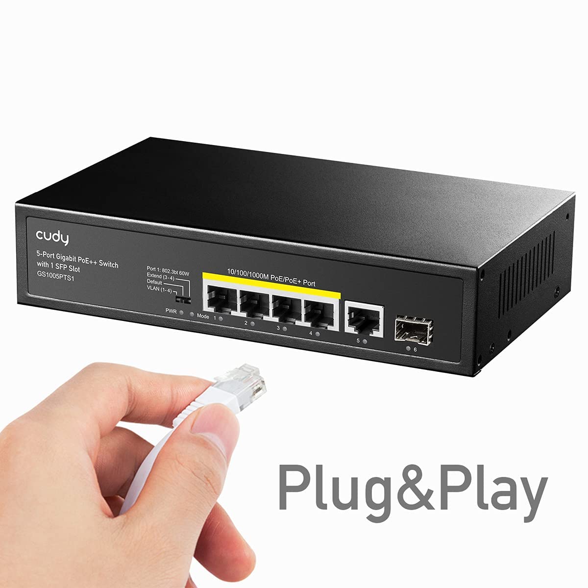 Cudy 5 Port 120W Gigabit PoE+ Switch, PoE Switch, 60 Watts Port 1, 4 PoE Ports, 802.3 at/AF, VLAN, Extension to 250 Meters, Not Support 802.3bt, GS1005PTS1