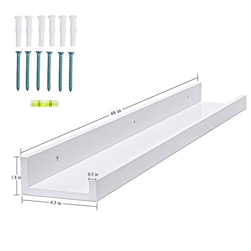 AZSKY 48 Inch Long Floating Bookshelves White Set of 2 Wall Picture Shelf Pine Floating Shelves Photo Frames Narrow Picture Ledge Mounting Hardware Included