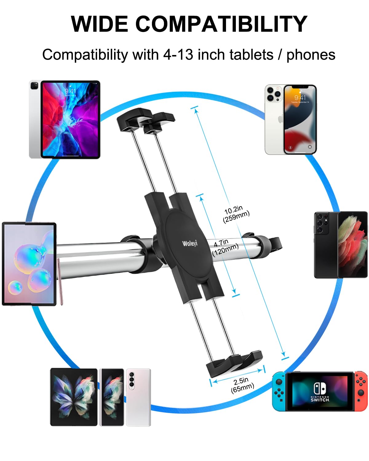 woleyi Car Headrest Tablet Holder Mount - [Anti Shake & Stretchable] Tablet Holder Back Seat for Car Between Kids Stand, for iPad Pro Air Mini, Galaxy Tab, Kindle Fire, Switch, iPhone, 4.7-13" Devices