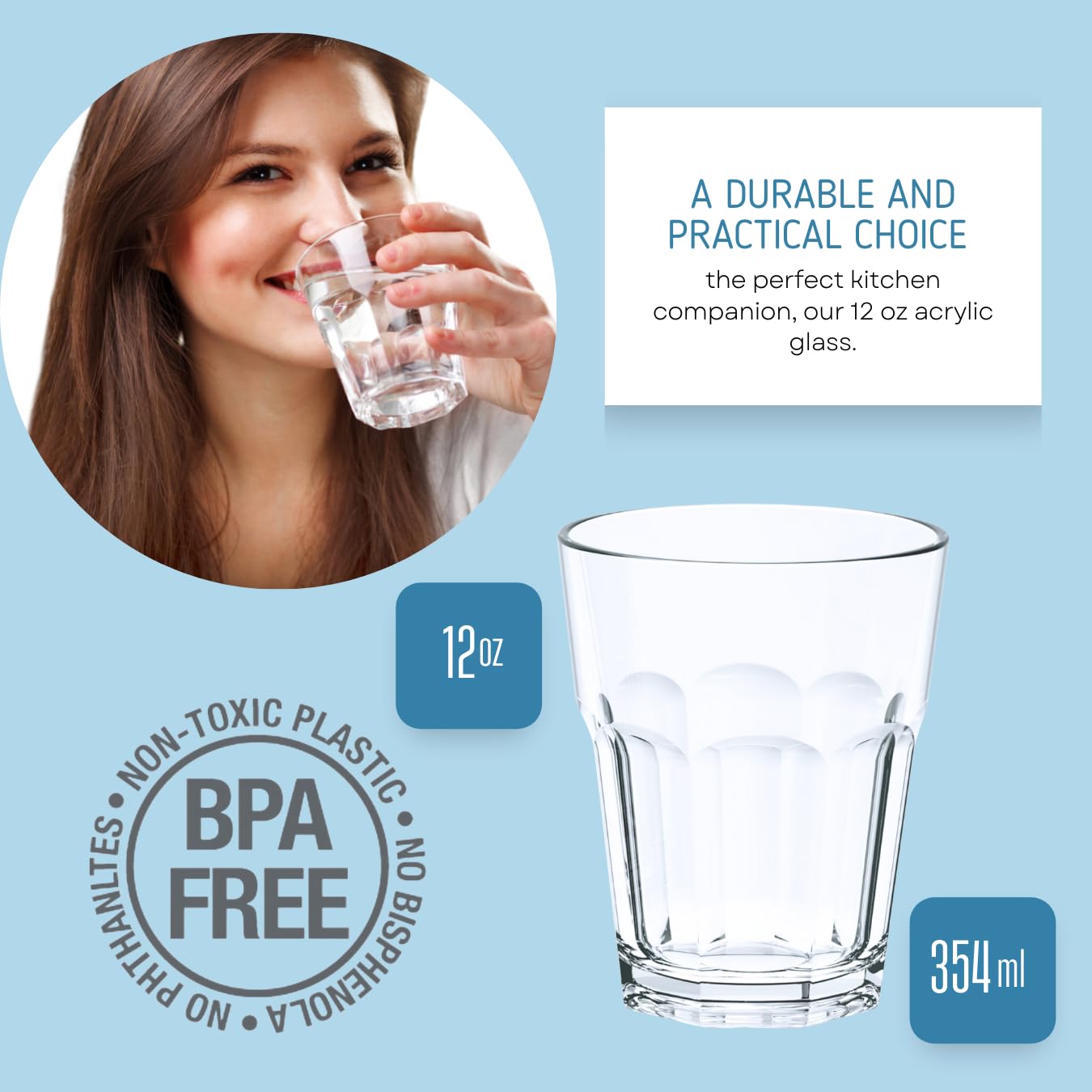 12 Oz Drinking Glasses Tritan Acrylic Cups Set By Decor Works - Glassware Plastic Tumblers - Water Glasses Acrylic Glasses - BPA Free & Durable - Dishwasher Safe Drinking Glasses Set Of 6