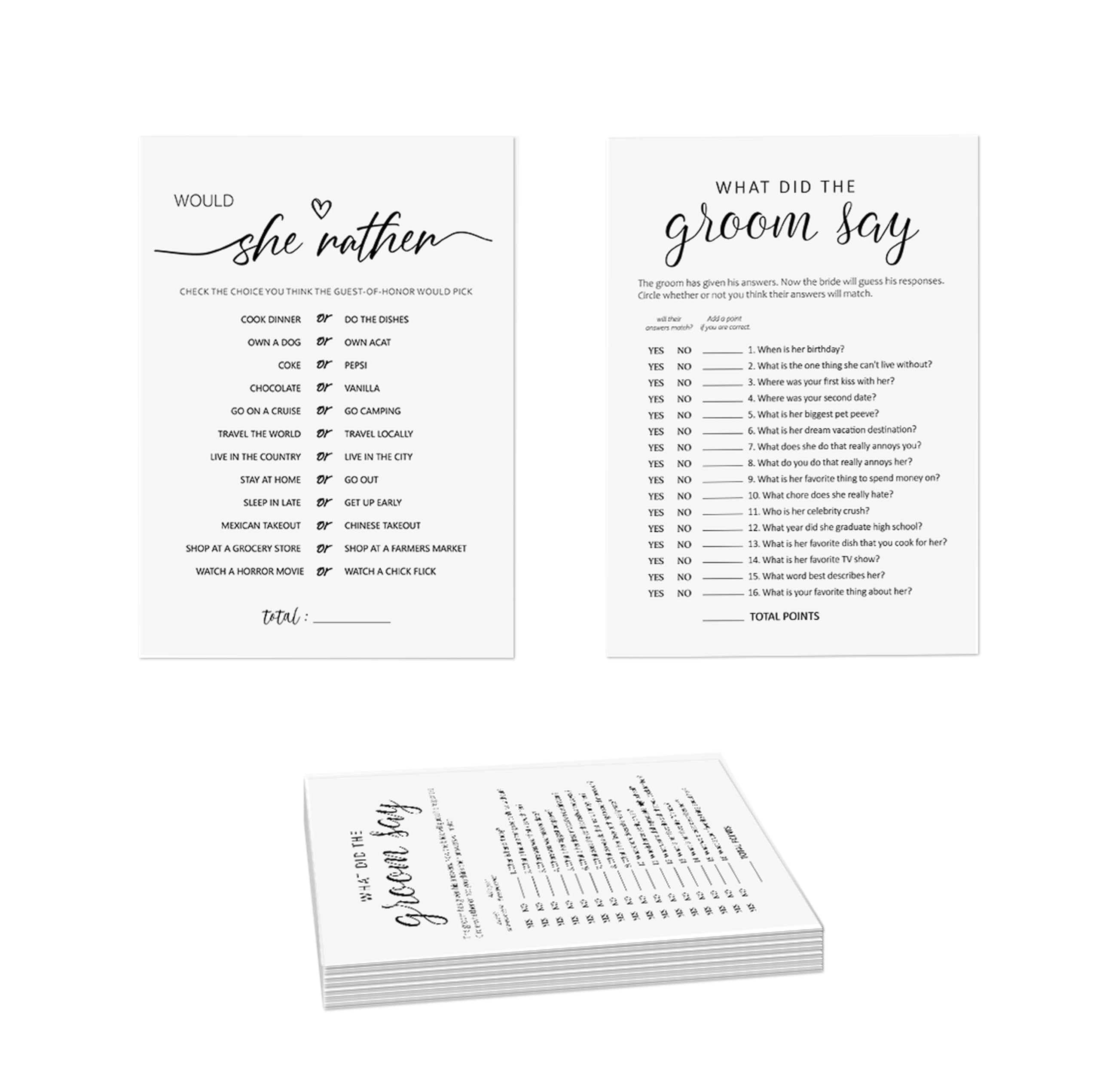 2 Bridal Shower Games, Would She Rather Game &What Did The Groom Say -Set of 30, Double Sided Printed Minimalist Bridal Shower Cards, Wedding Party Game Cards for Guests, Bridal Shower Ideas-HLYX06
