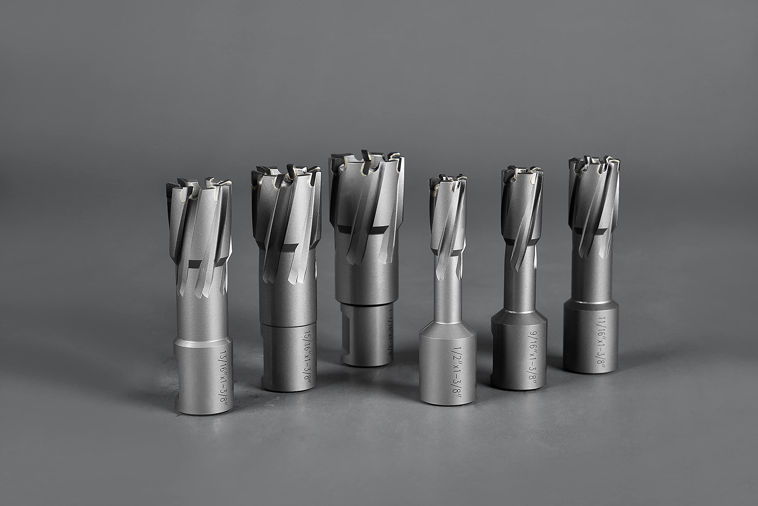 Annular Cutter Set Carbide 8pcs JESTUOUS 3/4 Inch Weldon Shank 1-3/8 Cutting Depth and Cutting Diameter from 1/2 to 1-1/16 Two Flat TCT Bit for Drill Press with 2 Pilot Pins