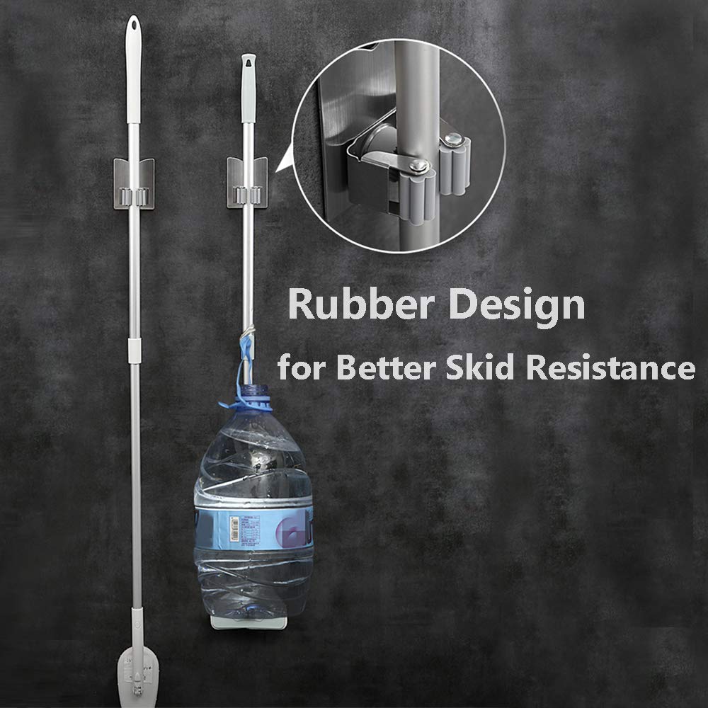 2 Pack Mop Broom Holder Racks 304 Stainless Steel Self Adhesive Heavy Duty Wall Mounted Mop Organizer Storage Clip Multi-Used for Garage Kitchen and Bathroom