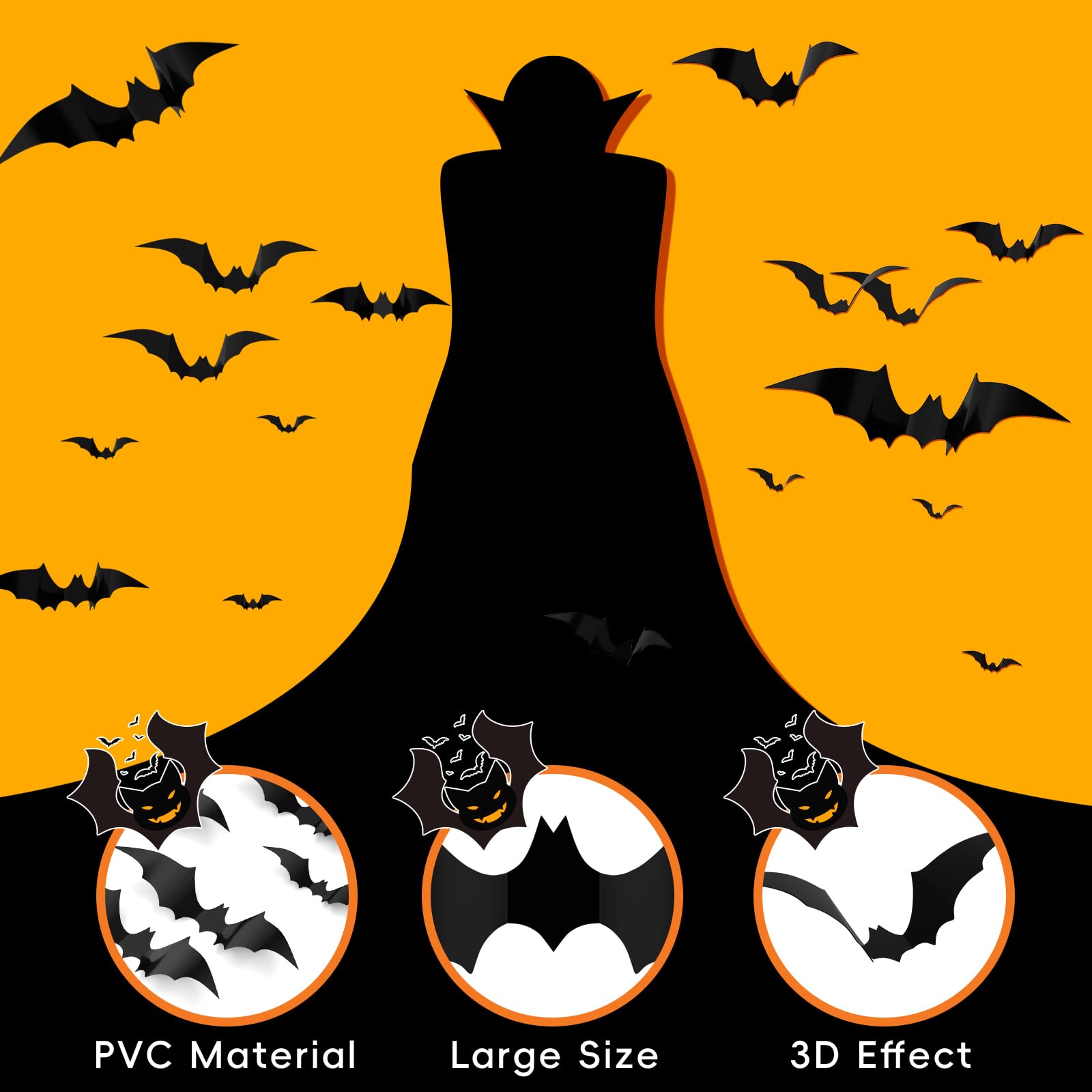 100 PCS Bats Decoration,3D Bat Room Wall Decor,4 Sizes Waterproof Black Spooky PVC Bats Stickers for Room Décor Halloween Party Supplies
