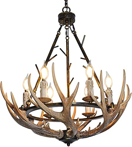 Antler Chandelier Lighting with 6 Lights, Resin Deer Antler Chandelier Light Fixtures Rustic Style for Living Room, Dining Room, Hallway