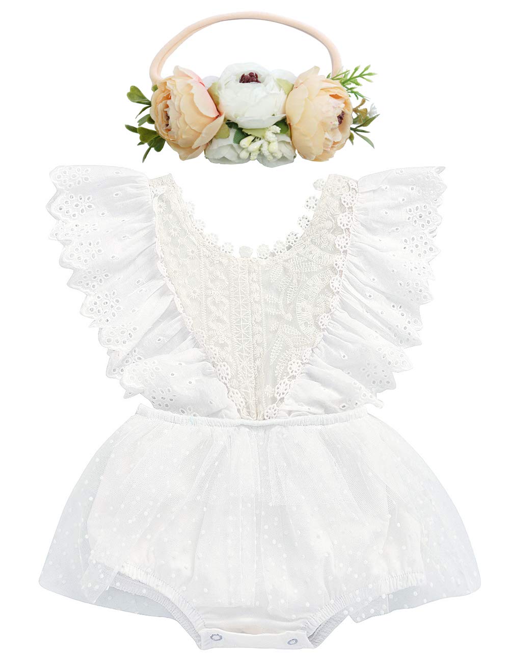 BGFKS Lace Ruffle Sleeve Romper Tutu for Baby Girl,Newborn Toddler Girls Bodysuit Tutu Dress with Flower Headband