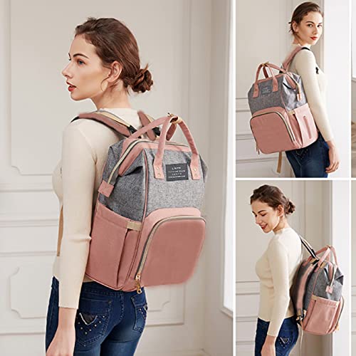 ANWTOTU Diaper Bag with Changing Station,Diaper Bag Backpack,7 in 1 Travel Baby Diaper Bag,Mommy Bag With USB Charging Port (Pink-Grey)