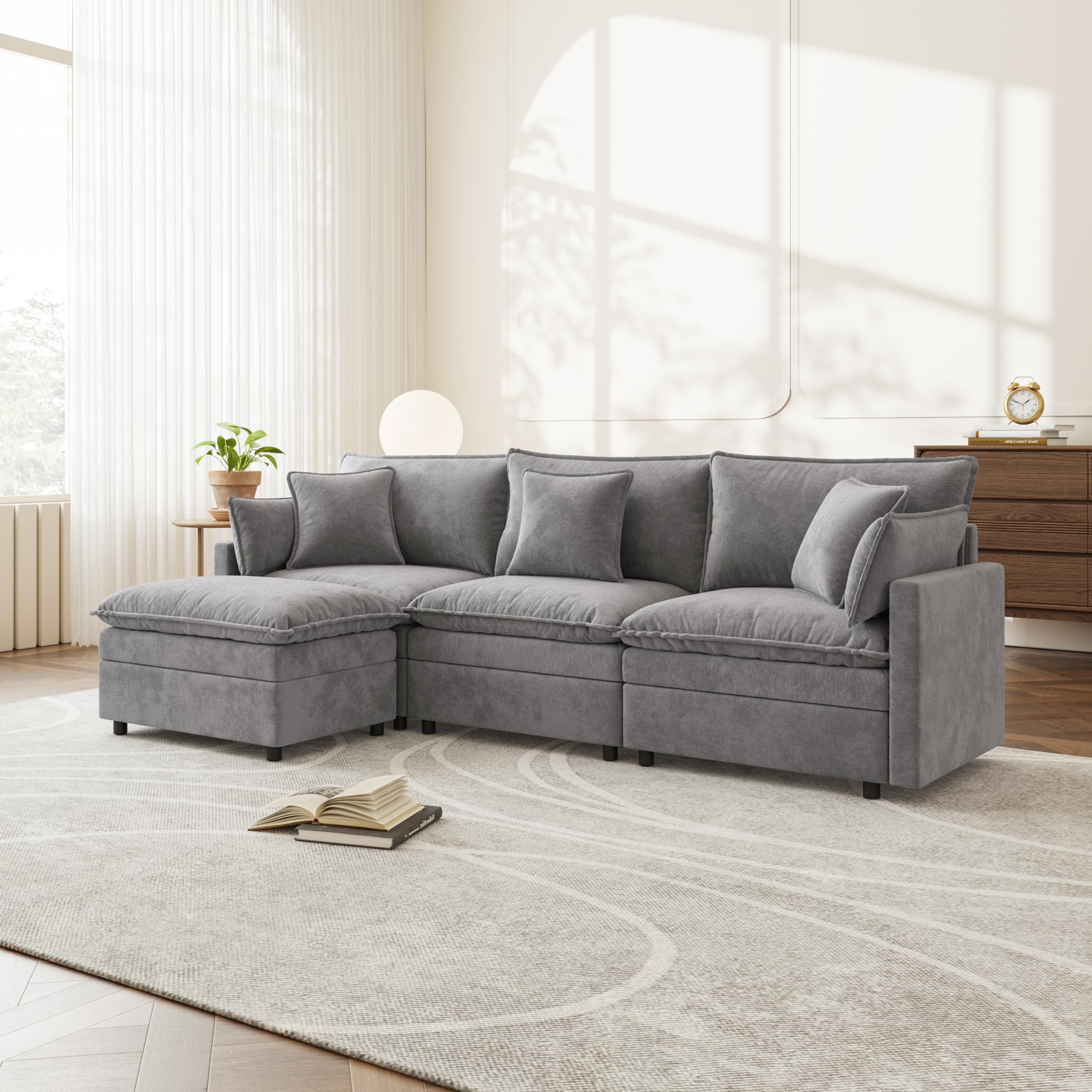 108.66"*53.55" Modern L Shape Sectional Sofa, Luxury Modular Fluffy Comfy Cloud Soft Couch with Chenille Fabrics, Overstuffed Corner Deep Couch with Ottoman for Living Room,Apartment, Office (Pink)
