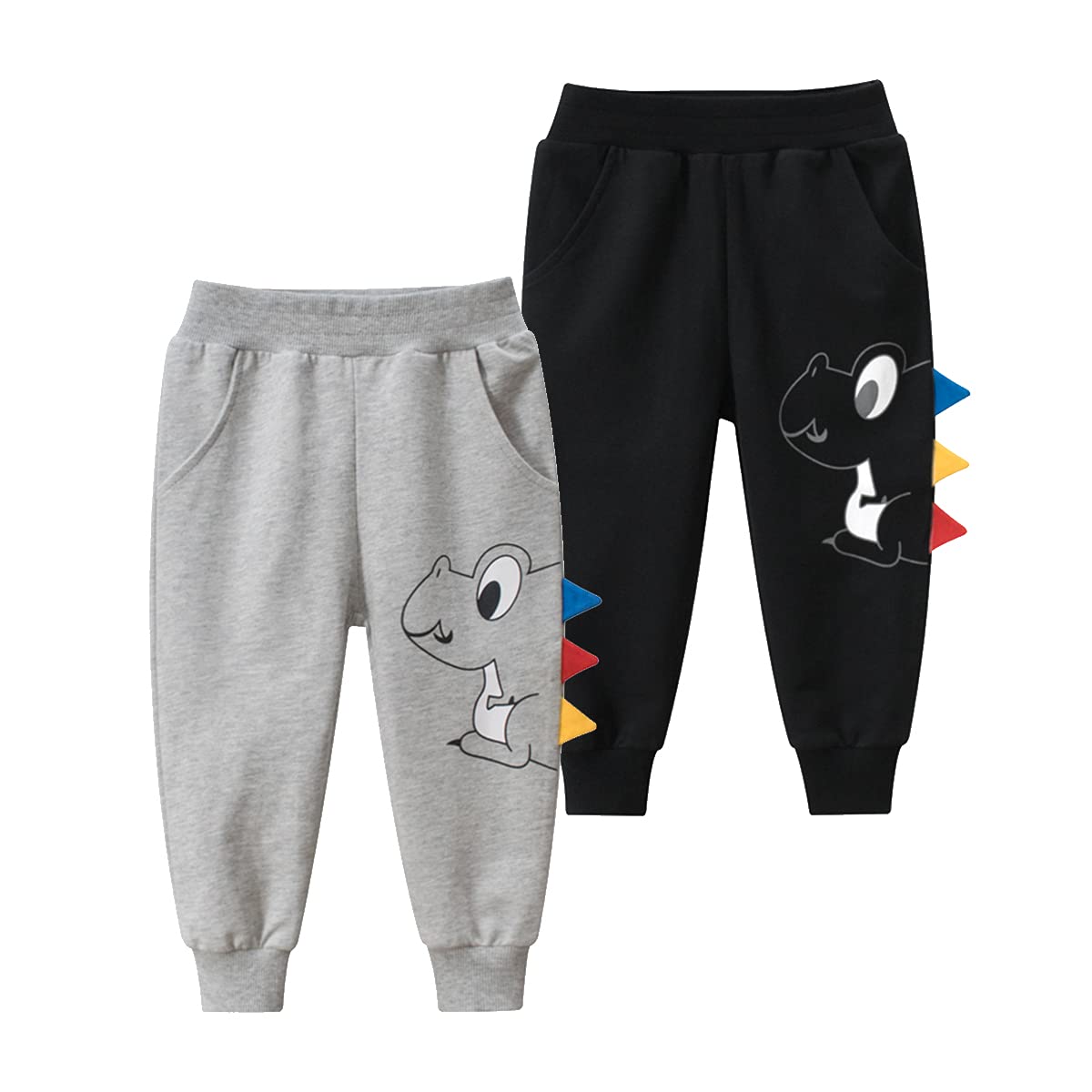 GFQLONG Toddler Baby Boys 2 Pack Cotton Dinosaur Active Jogger Pants,Kids Cartoon Sweatpants Casual Lounging Bottoms (Black+Grey, 4-5T)