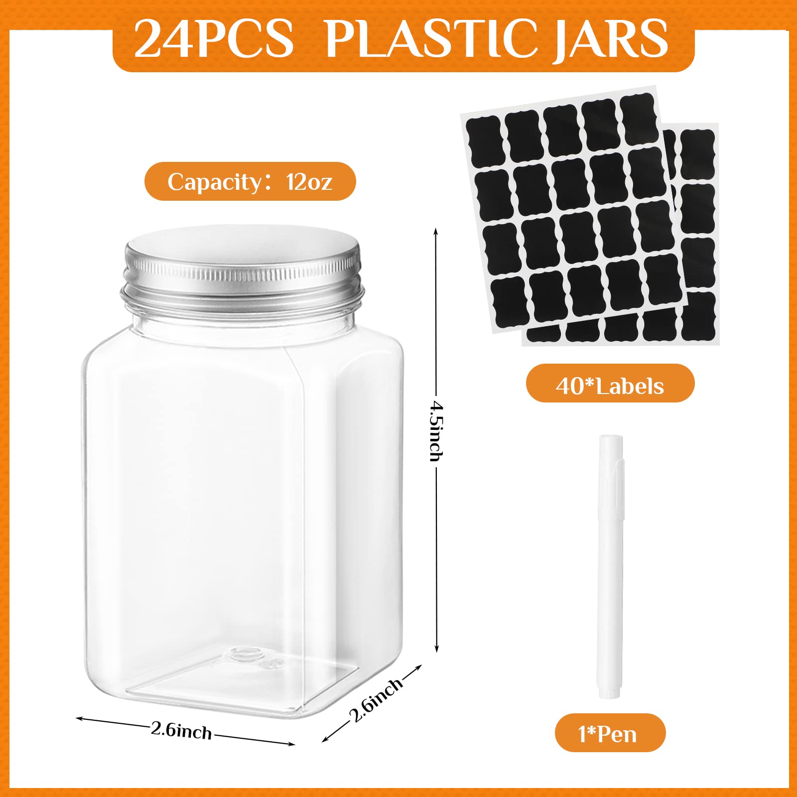 12 Oz Square Plastic Jar Storage Container with Lids Labels Pen, Wide Mouth Clear PET Seal Jar Empty Candy Jar Airtight Plastic Mason Jars Plastic Spice Containers for Kitchen Storage Craft (24 Pcs)