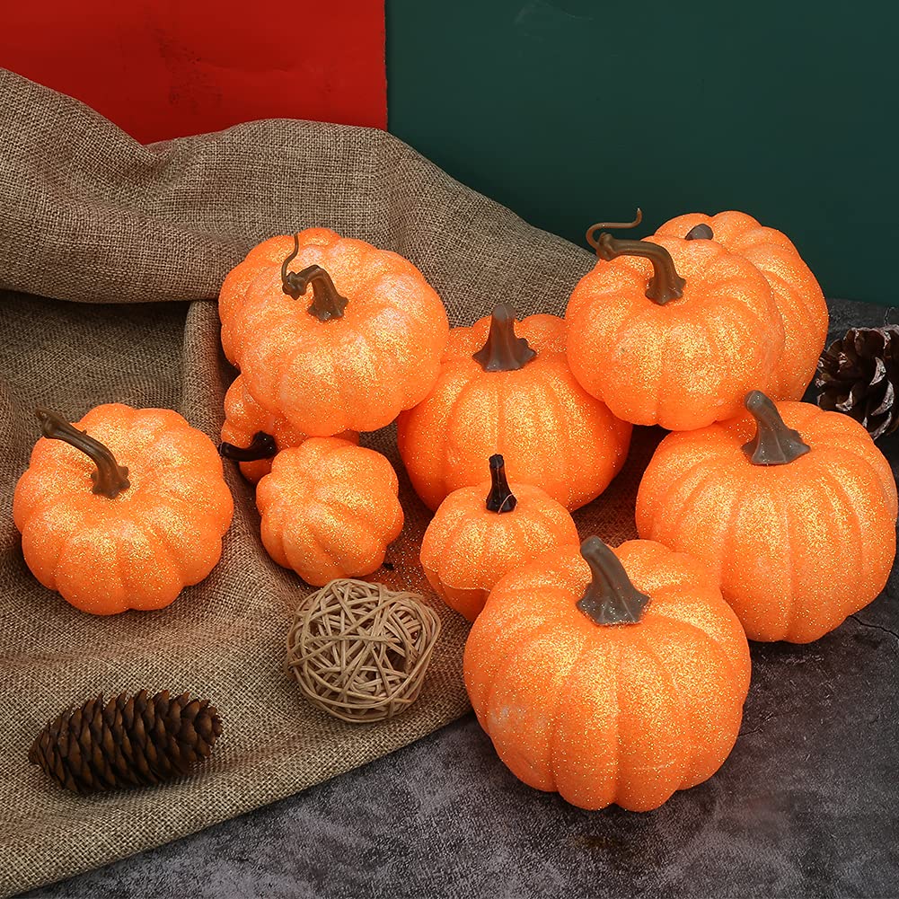 12 Pack Glitter Artificial Pumpkin for Fall Home Decor, Sparkly Fake Pumpkins Decorations, Thanksgiving Halloween Mantel Garden Fall Harvest Party Supplies