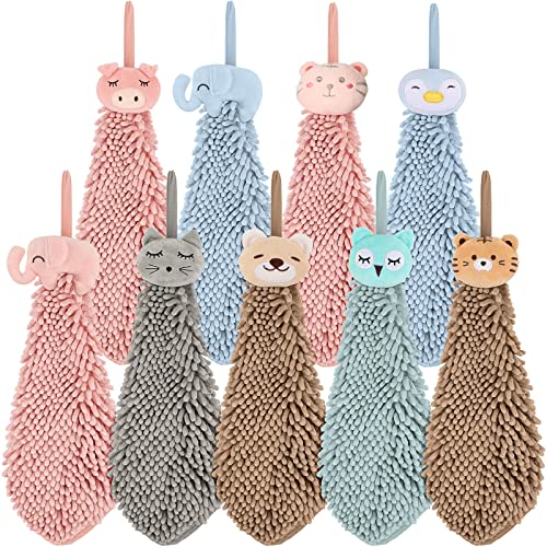 9 Pack Cute Chenille Soft Hanging Hand Towels, Funny Cartoon Animal Hand Towel with Hanging Loop, Kids Hand Towel Set Absorbent Thick Kitchen Bathroom Towels Bulk, 5 Colors