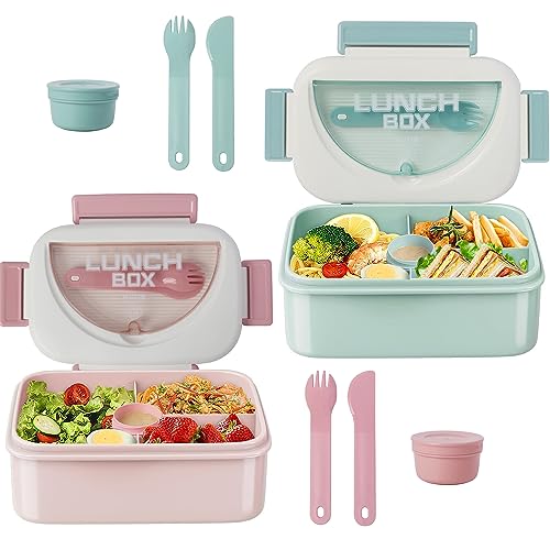 2 Set 1.5L Bento Lunch Box Kit for Adult, 4 Compartment Leak Proof Lunch Containers Snack Boxes with Fork & Spoon, BPA Free, Food Prep Storage Containers To Go for Travel Work Daycare, Green+Pink