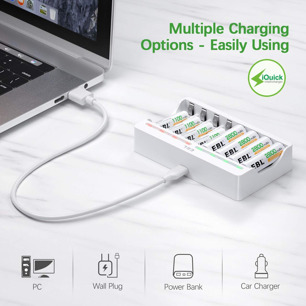 EBL Rechargeable AA Batteries 2800mAh (12 Pack) and AAA Ni-MH Rechargeable Batteries 1100mAh (4 Pack) with 8-Bay AA AAA Individual Battery Charger